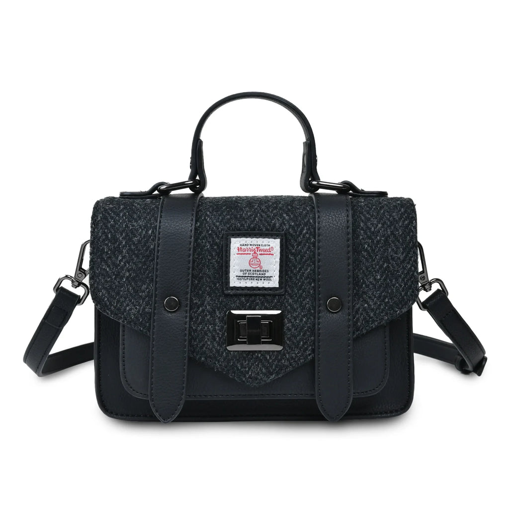 Islander Black Mini Satchel Bag with Harris Tweed Black Herringbone Fa