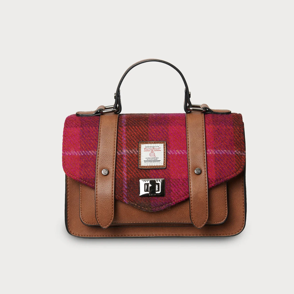 Islander Mini Satchel Bag with Harris Tweed Fuchsia Brown Purple & Bur
