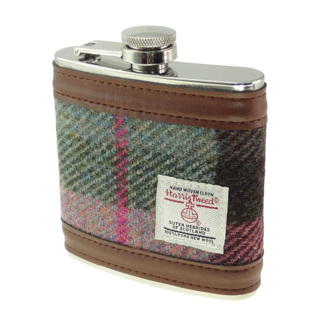 Harris Tweed Hip Flask 6oz Brown, Green & Purple Check Fabric - COL137