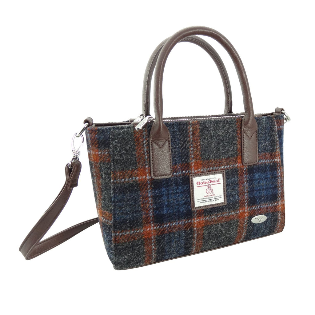 Brora Small Tote Bag with Shoulder Strap & Harris Tweed Navy Blue & Bu