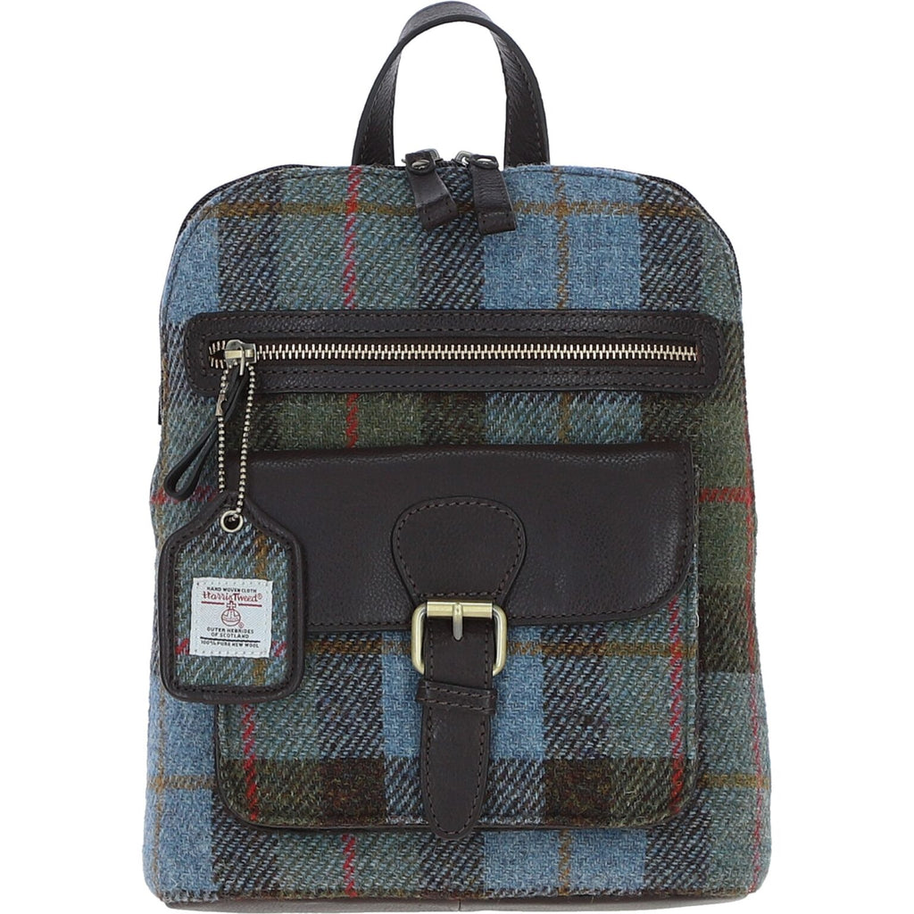 Genuine Leather Ayr Backpack with Harris Tweed Brown Leather & Blue