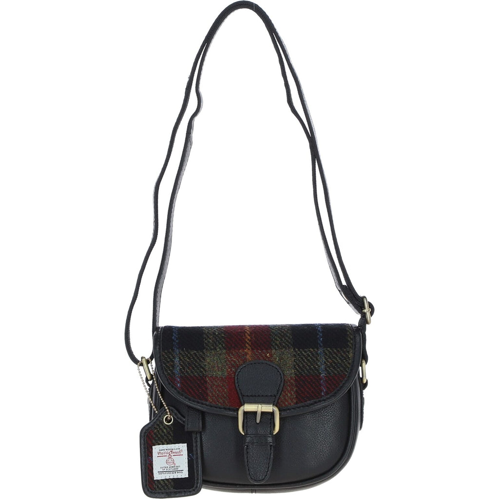 Real Leather Prestwick Small Saddle Bag with Harris Tweed (- Black Lea